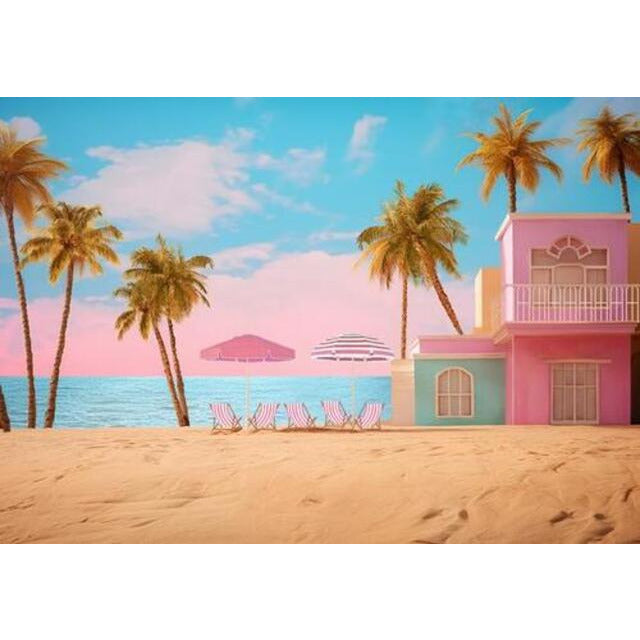 Allenjoy Nostalgia Beach Art Photography Backdrop Pink House Palm Trees ...