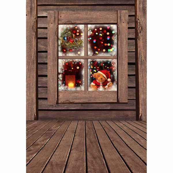 Allenjoy Backdrop for Christmas Wood Cottage Window Toy Bear Glitter ...