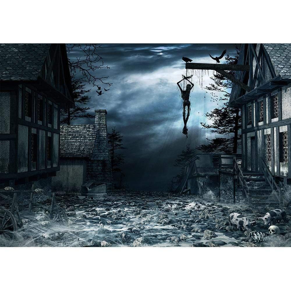 Allenjoy Halloween Dackdrop Crumbling Skeleton Town Street in Dark Nig ...