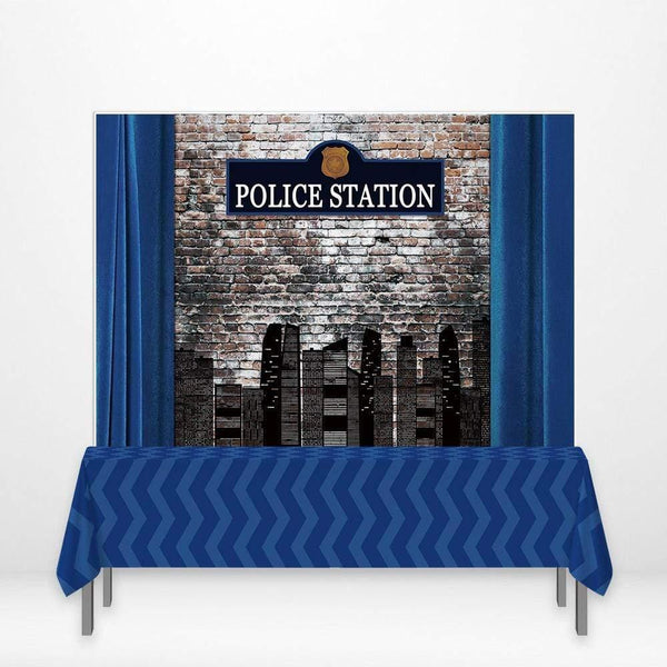 Allenjoy Police Station Brick Wall Curtain Banner Blue Stripes Tablecl ...