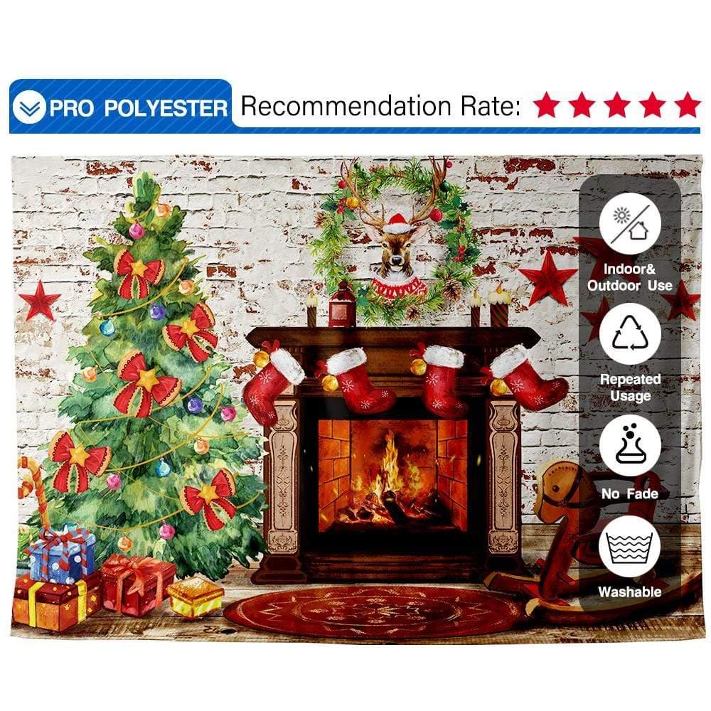 Allenjoy Xmas Christmas Backdrop White Brick Wall Warm Fireplace Tree ...